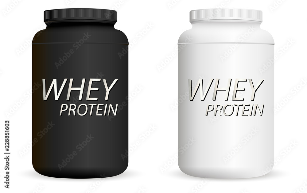 Whey protein black and white bottles set. Sports nutrition jar mockup ...