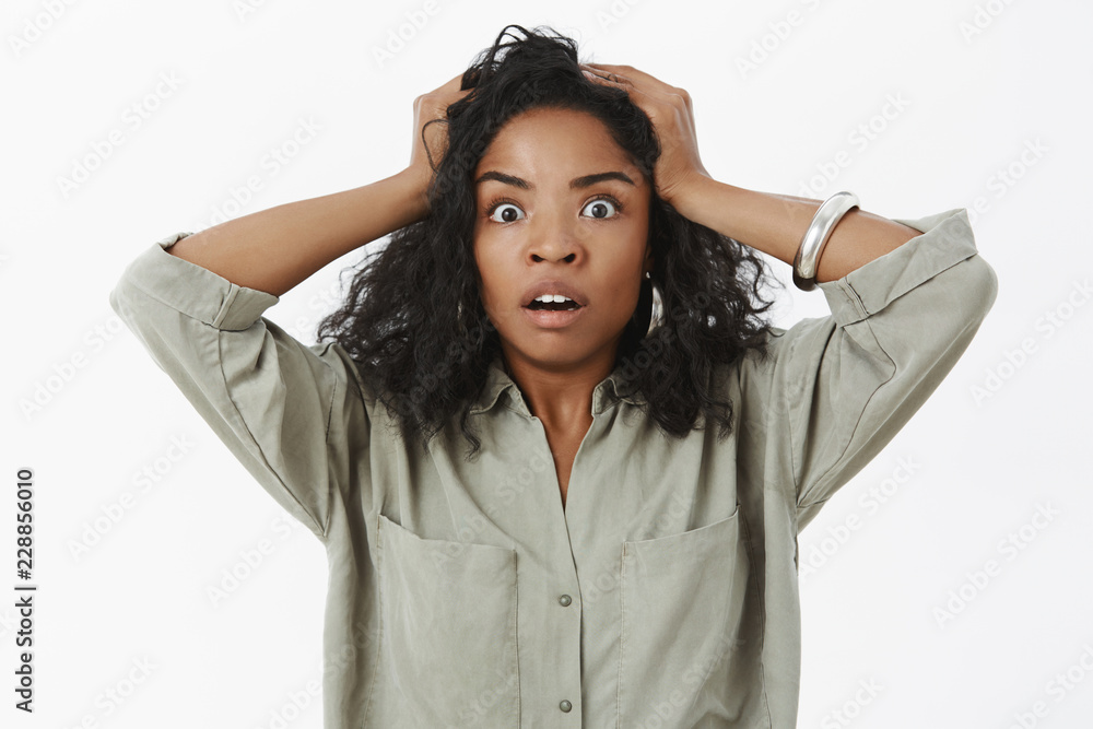 Waist Up Shot Of Concerned Girl In Stupor Portrait Of Shocked African