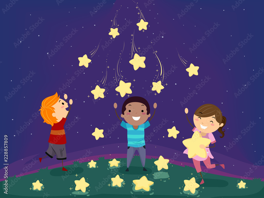 Stickman Kids Falling Stars Illustration Stock Vector | Adobe Stock