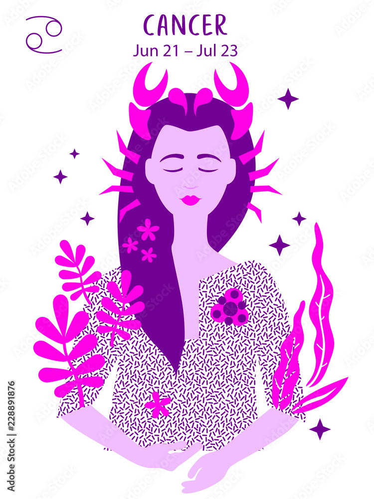 Cancer zodiac sign. Girl vector illustration. Astrology zodiac profile ...