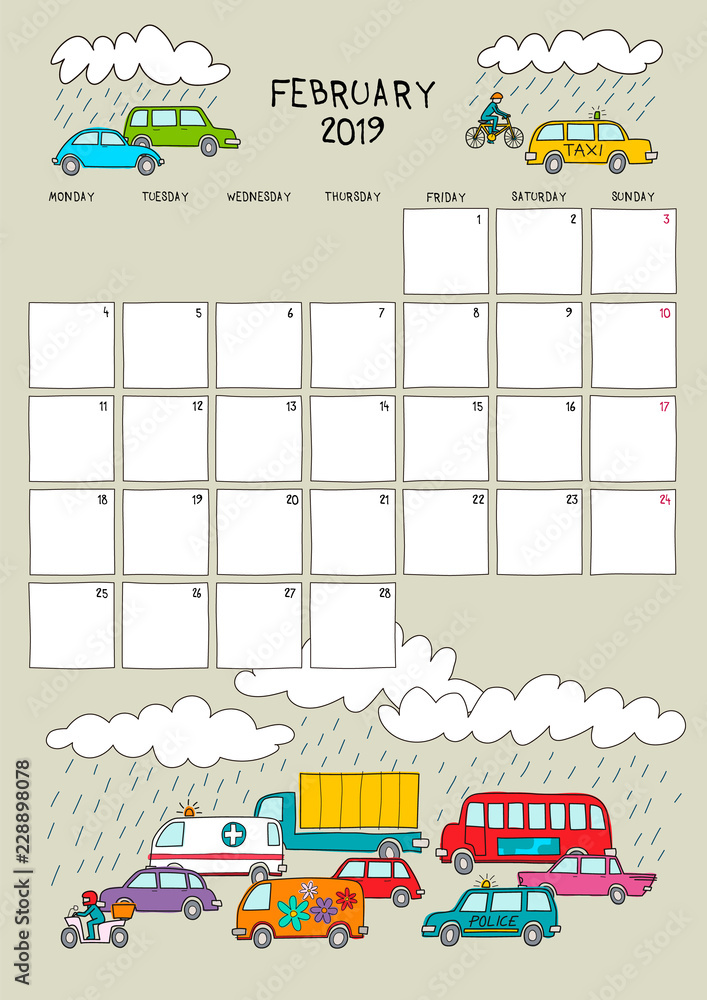 Cute calendar and planner for February 2019. Beige background with ...