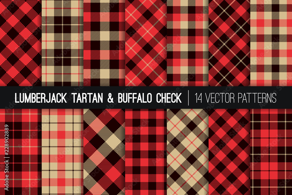 Lumberjack Tartan and Buffalo Check Plaid Vector Patterns. Red, Black ...