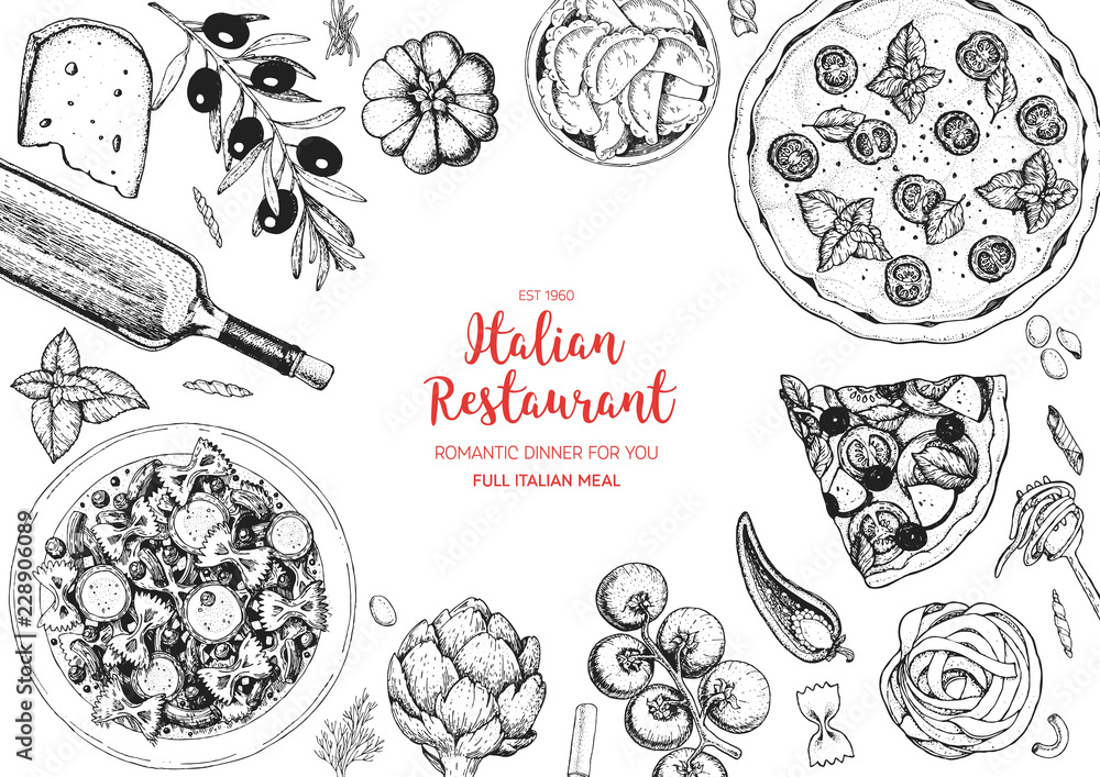 Italian cuisine top view frame. A set of Italian dishes with pasta and ...