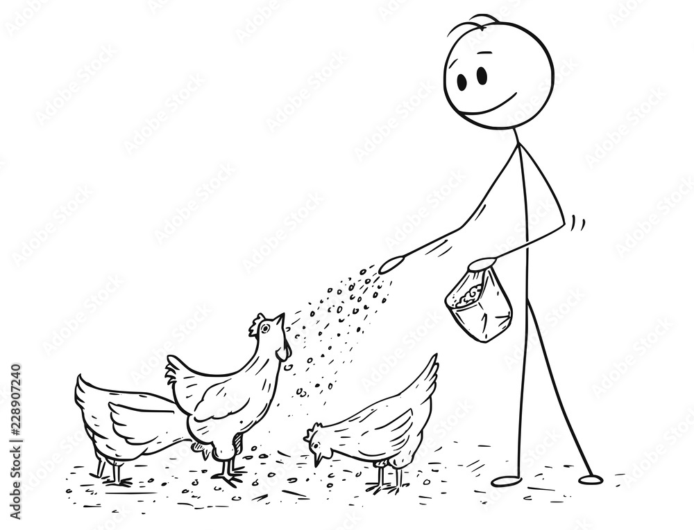 Cartoon stick drawing conceptual illustration of man or farmer feeding ...