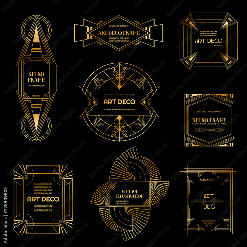 Set of Art deco borders and frames. Geometric template in 1920s Gatsby ...