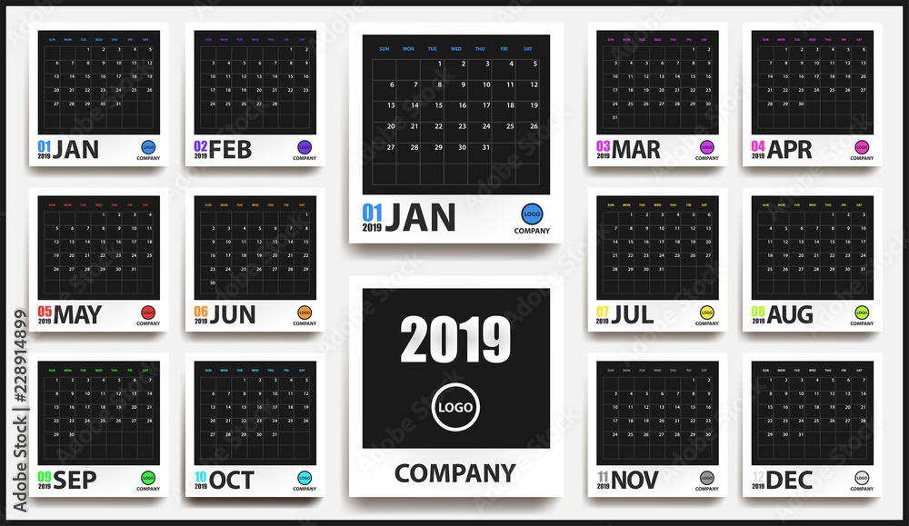 2019 colored calendar mockup in realistic photo frame with shadow ...