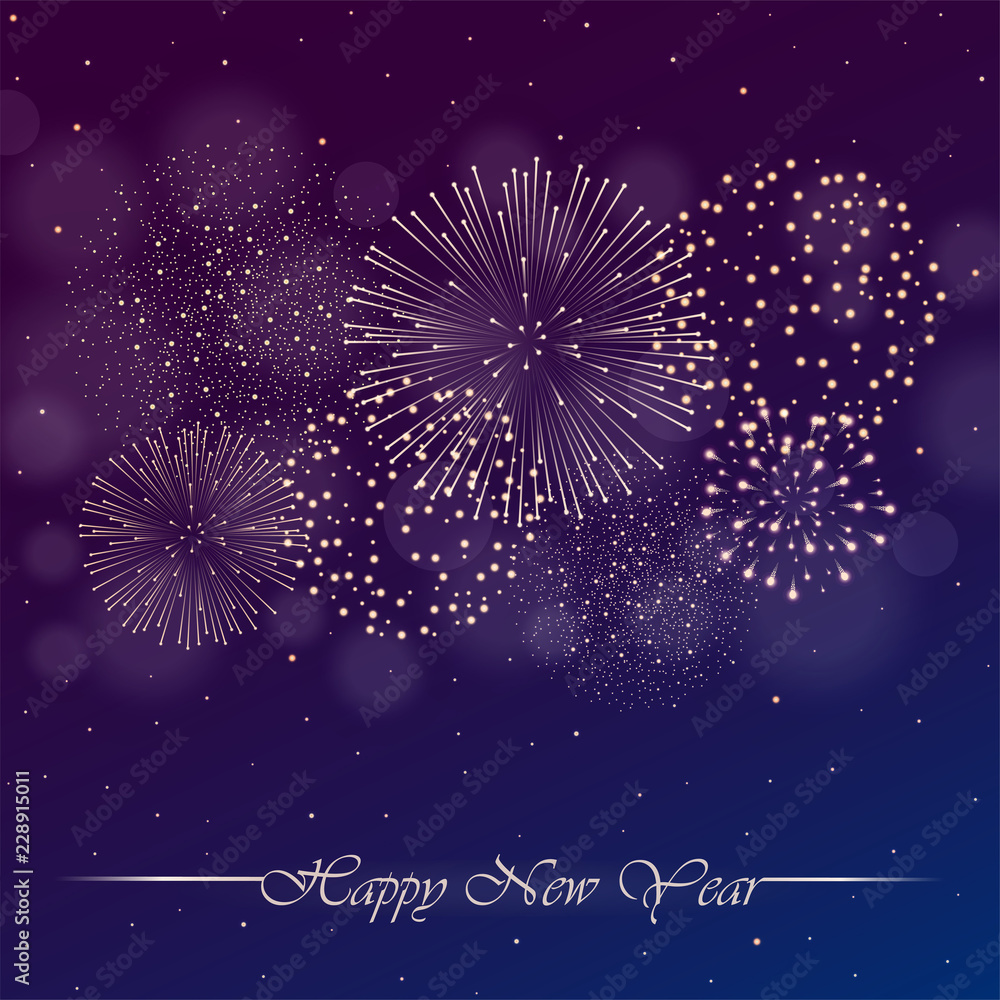 Firework show on purple night sky background with glow and sparkles ...