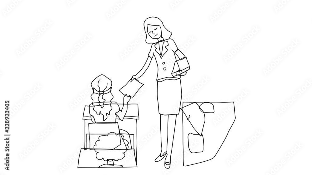 Animated sketch vector drawing doodle teacher handing out paper quiz ...