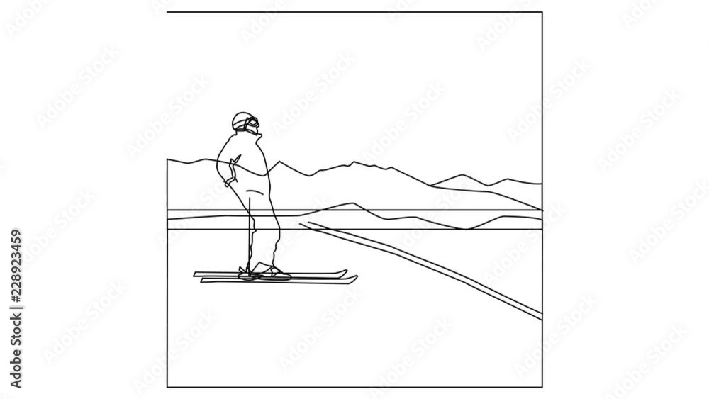 Animated sketch vector drawing doodle downhill skier stands at top of ...