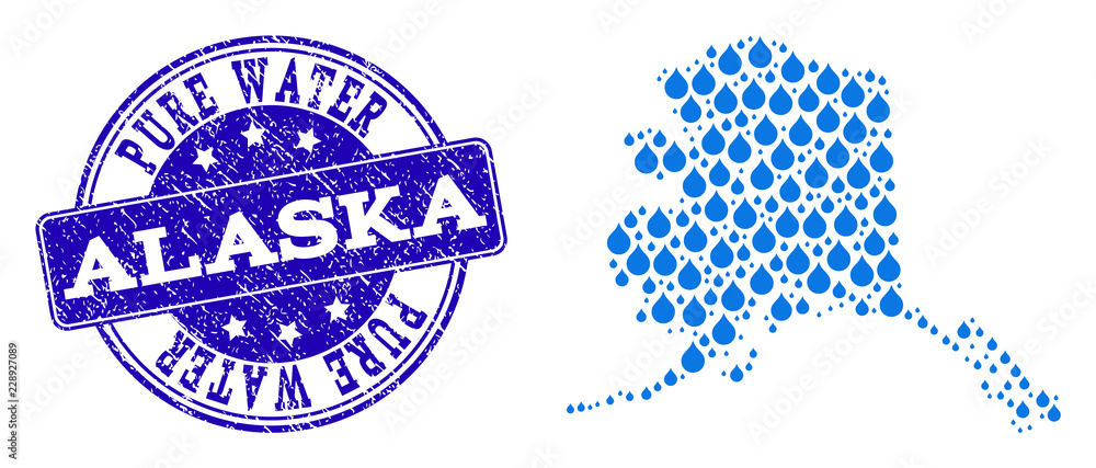 Map of Alaska State vector mosaic and Pure Water grunge stamp. Map of ...