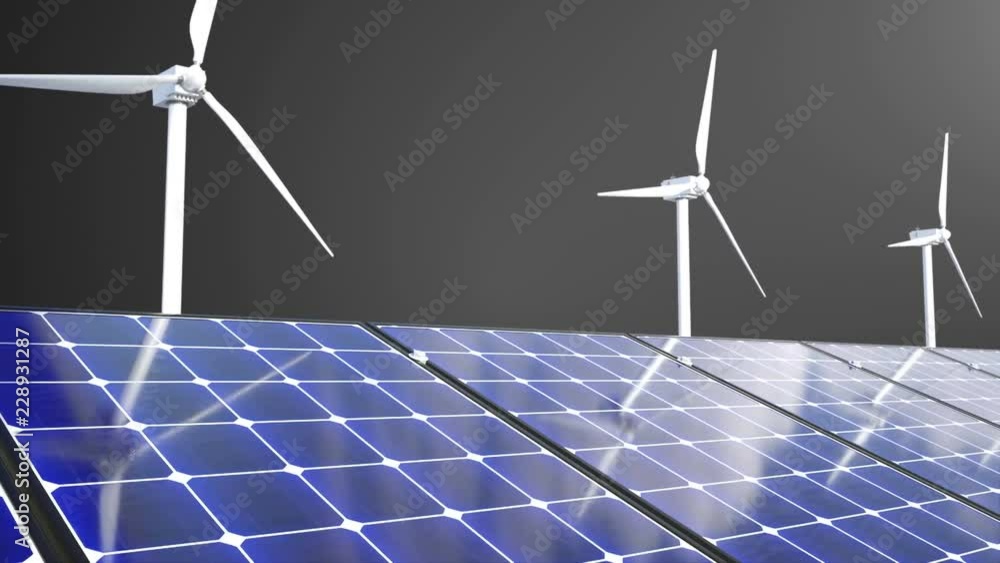 Rotating windmills and solar panels, 3d render background, computer ...