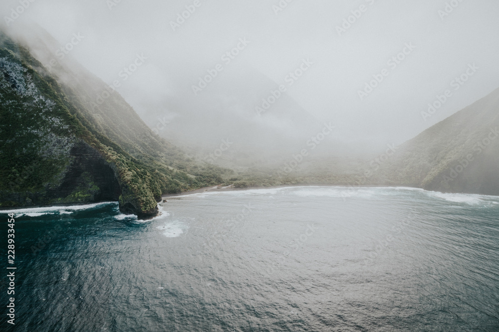 Lagoon and shoreline in Maui Hawaii with Fog from Helicopter Stock ...