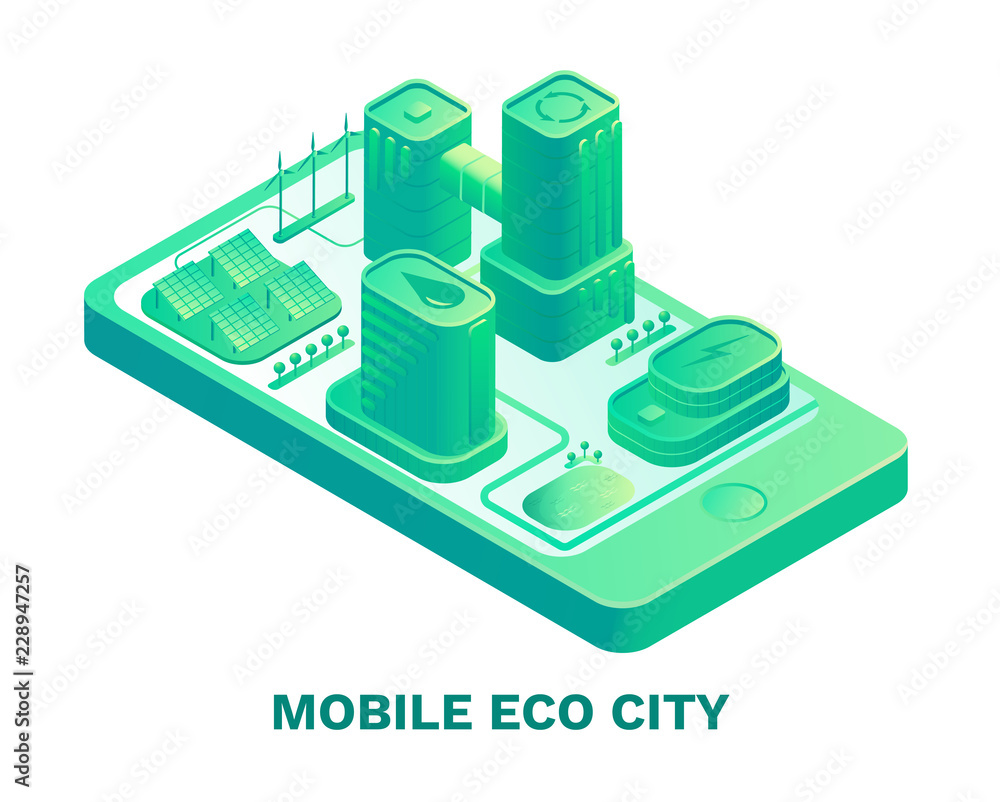 Smart eco city mobile concept, 3d isometric design with intelligent ...
