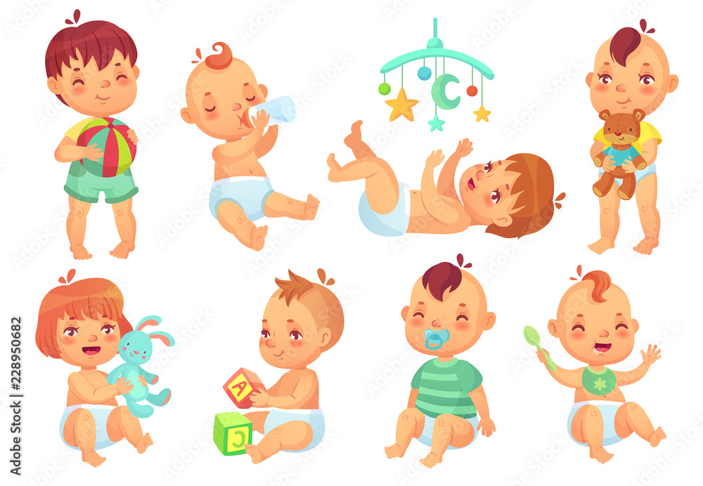 Smiling cartoon baby. Happy cute little kids playing with toys, small ...