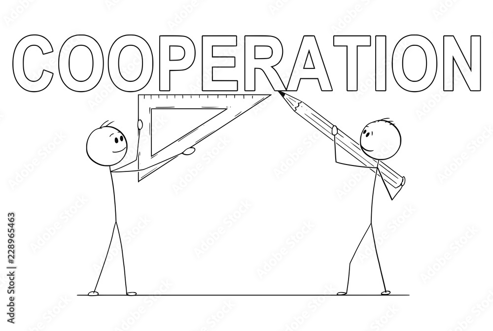 Cartoon stick drawing conceptual illustration of two businessmen ...