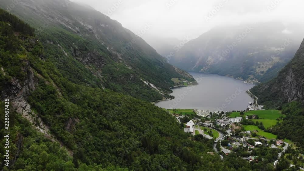 Geiranger village and fjord Geirangerfjord from Flydalsjuvet viewpoint ...