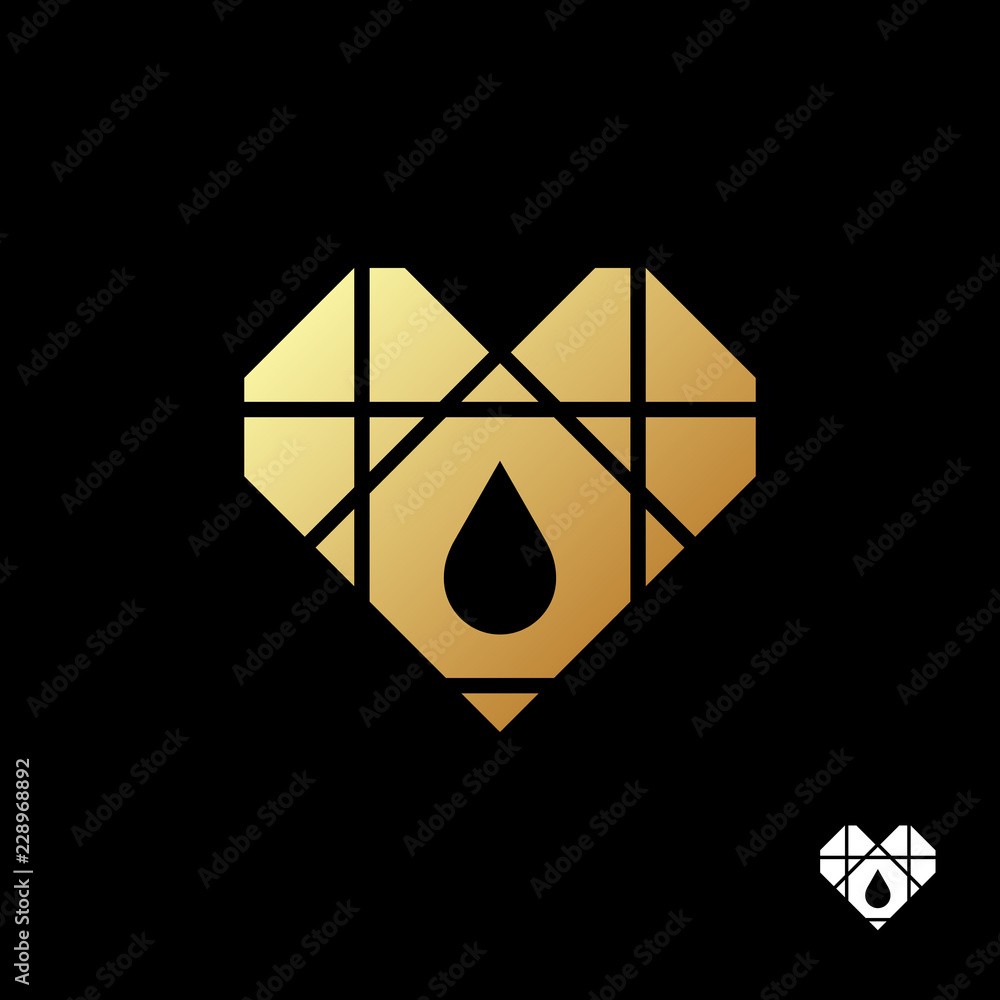 Gold geometric medical heart logo template on black background. Blood ...