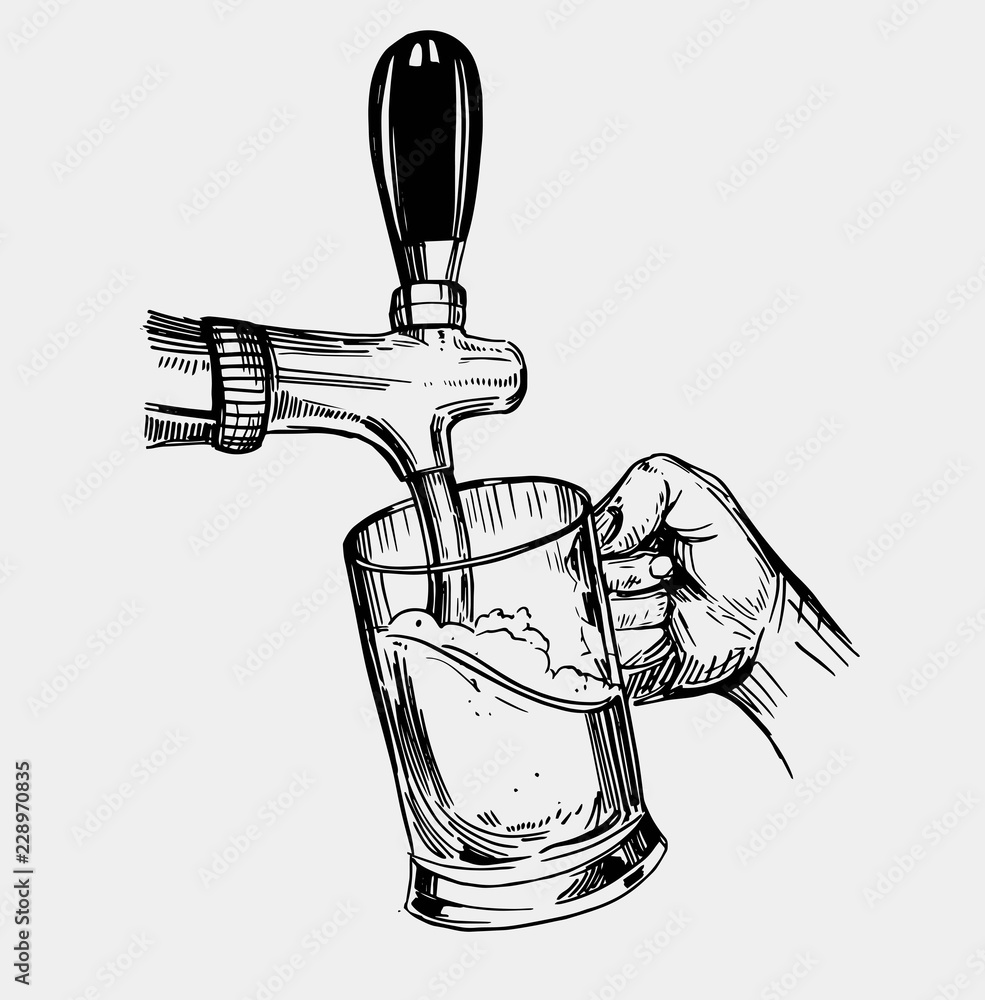 Beer is poured into a mug. Beer tap. Hand drawn illustration converted ...