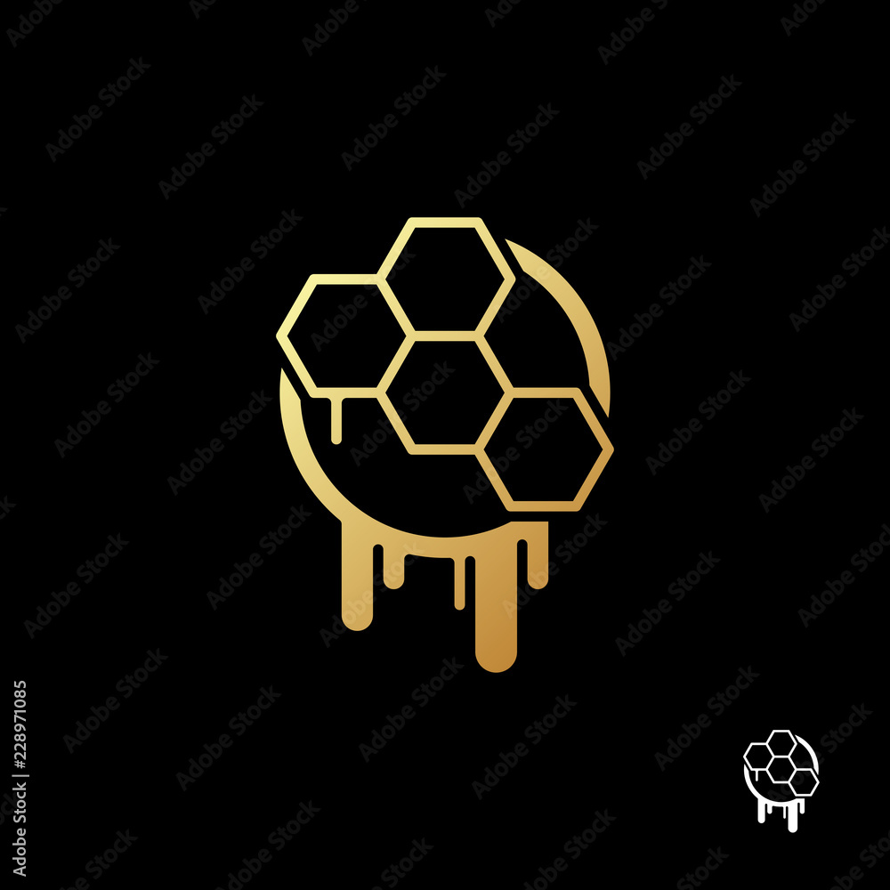 Gold bee honeycombs logo template on black background. Vector ...