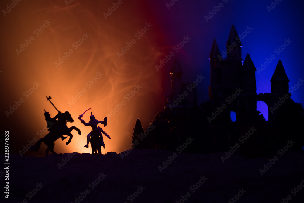 Silhouettes of figures as separate objects, fight between warriors on ...