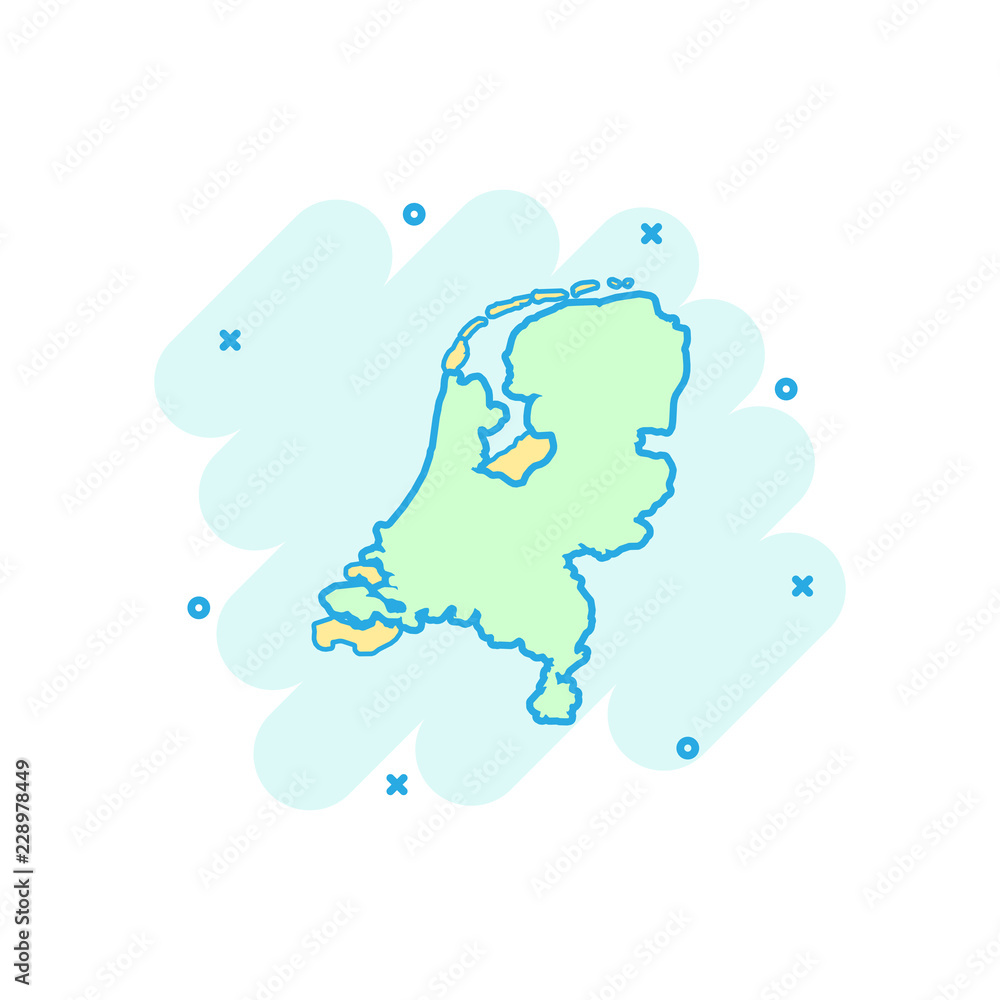Vector cartoon Netherlands map icon in comic style. Netherlands sign ...
