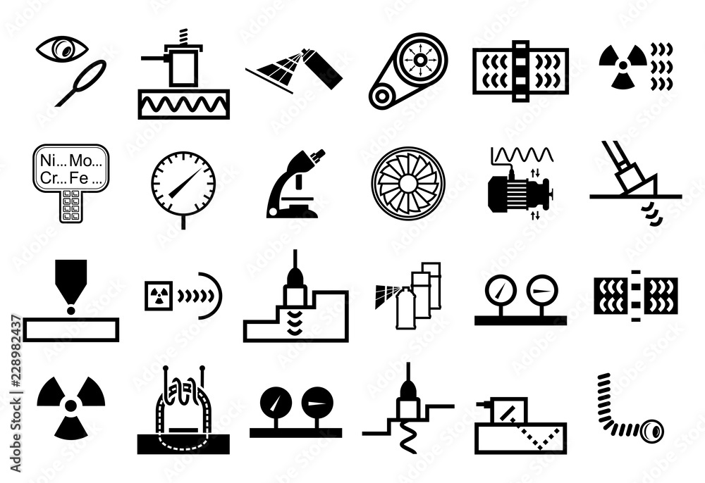 Set of vector monochrome icons of non destructive testing methods and ...