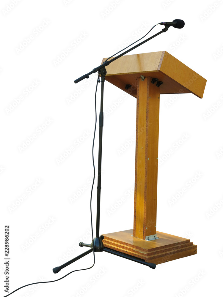 Wooden podium tribune stand rostrum with microphone isolated on white ...