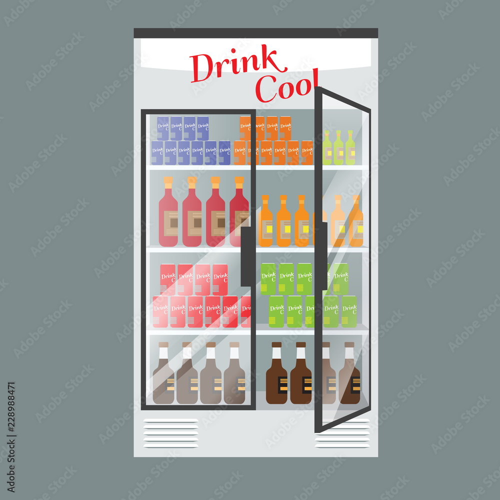 Refrigerated supermarket display case full with multiple drinks and ...