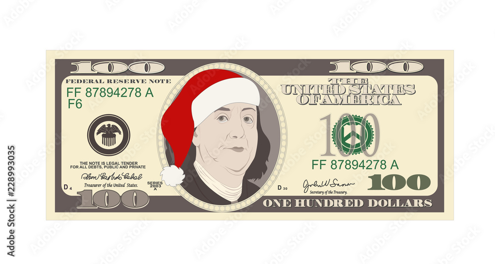 Design template 100 Dollars Banknote with Santa red hat. One hundred ...