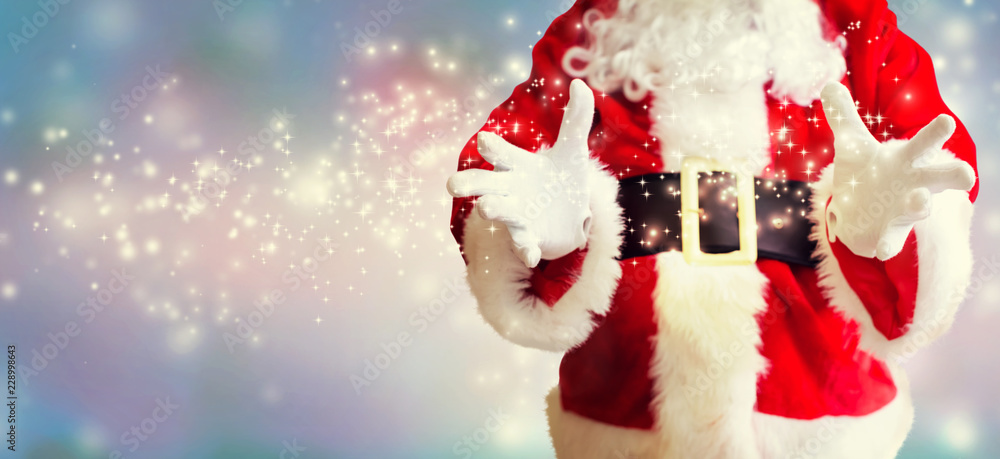 Santa with holding gesture on a shiny light background Stock Photo ...