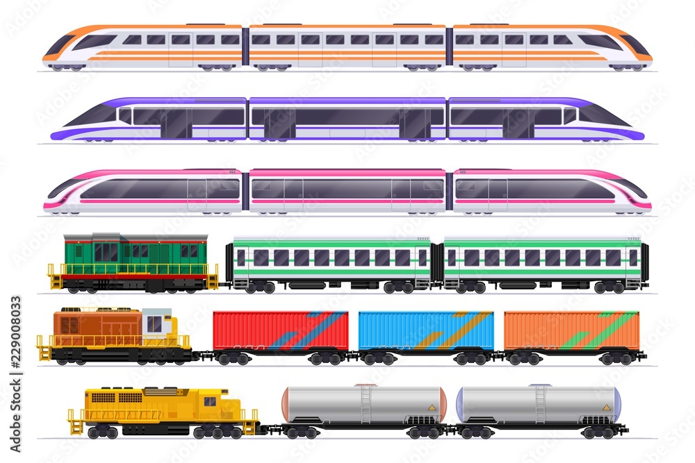 Trains set. Passenger and freight train with wagons. Vector railway ...