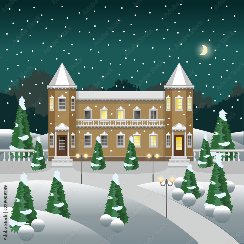 Cartoon fairy tale castle or rich manor house in night winter landscape ...