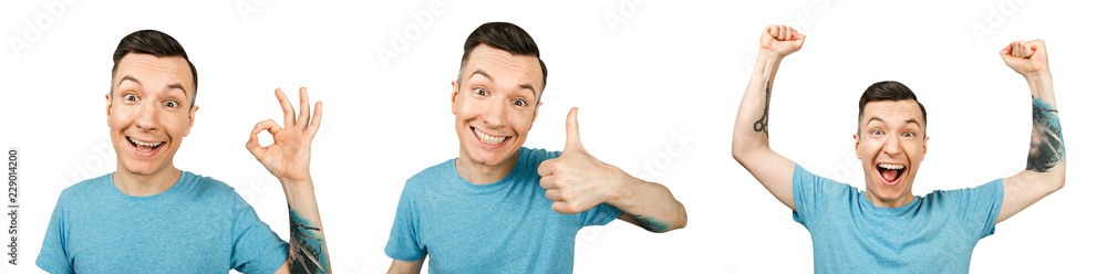 Set of portraits of young guy with ok sign, thumb up and hands up ...
