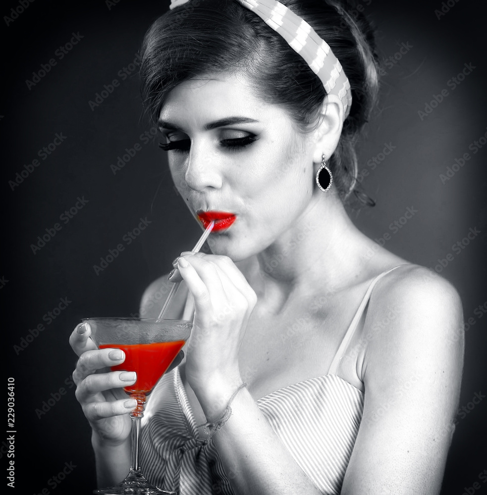 Pin up girl drink bloody Mary cocktail. Pin-up retro female style ...