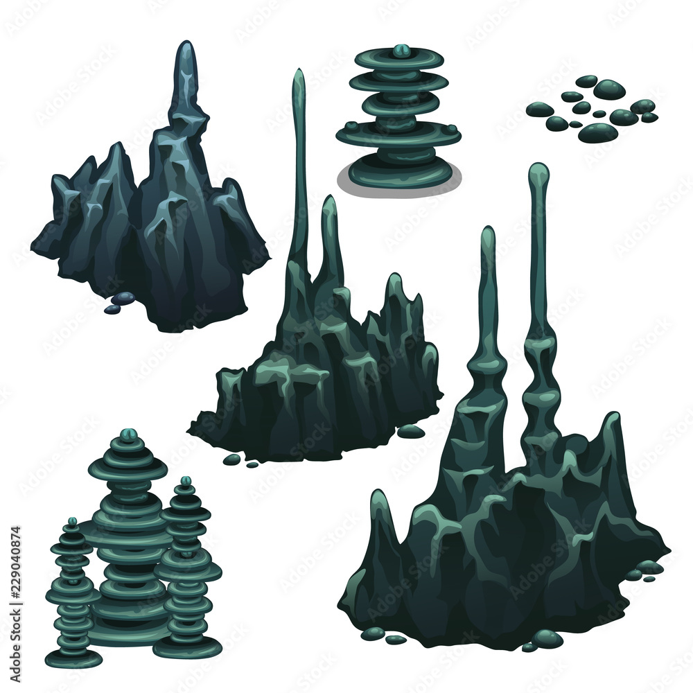 The set of arrangements of rocks isolated on white background. Cartoon ...