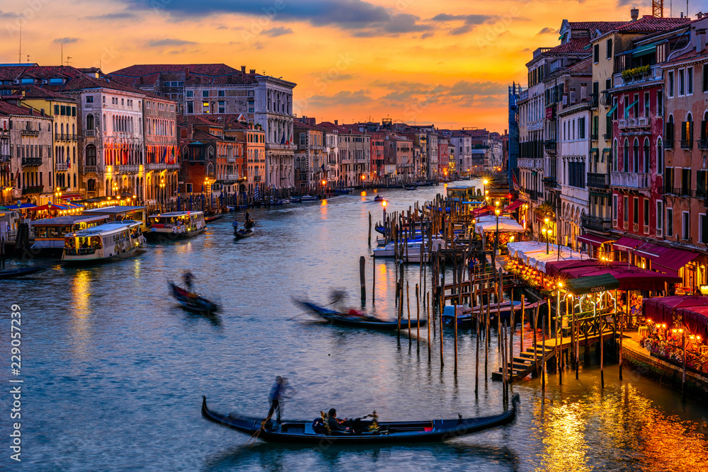 Grand Canal with gondolas in Venice, Italy. Sunset view of Venice Grand ...
