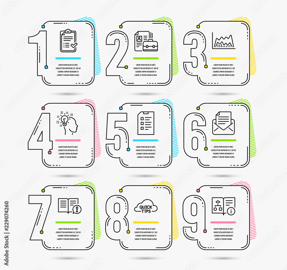 Infographic timeline with 9 options. Set of Approved checklist, Trade chart and Facts icons ...