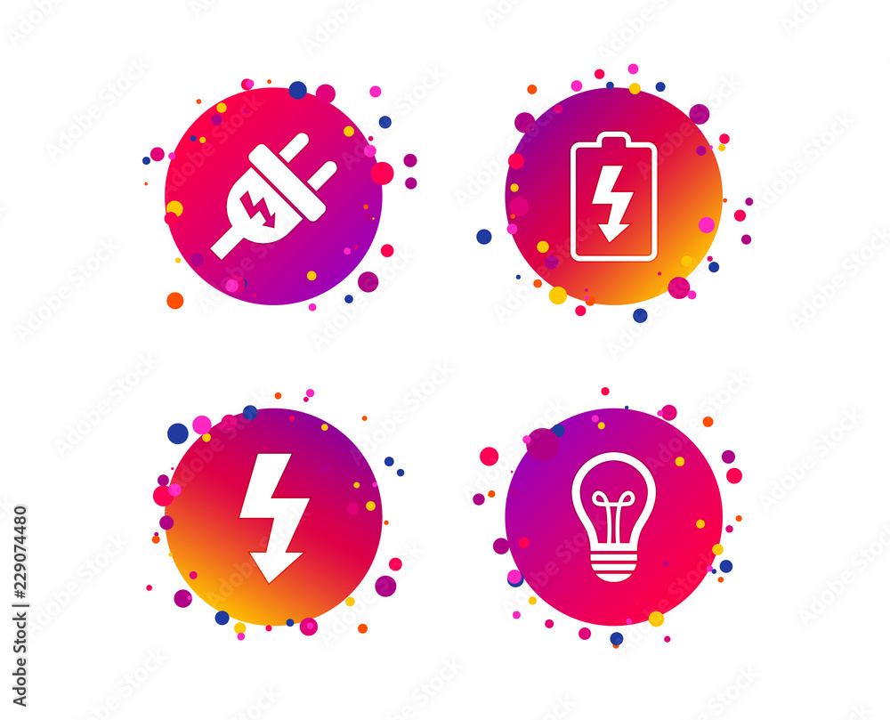 Electric plug icon. Lamp bulb and battery symbols. Low electricity and ...