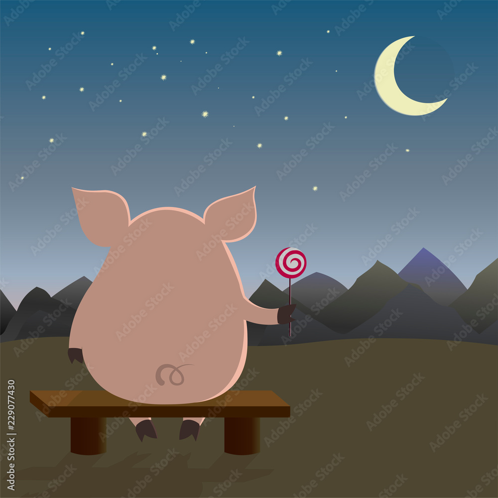 Cartoon pig sitting on the bench and looking at night landscape. Vector ...