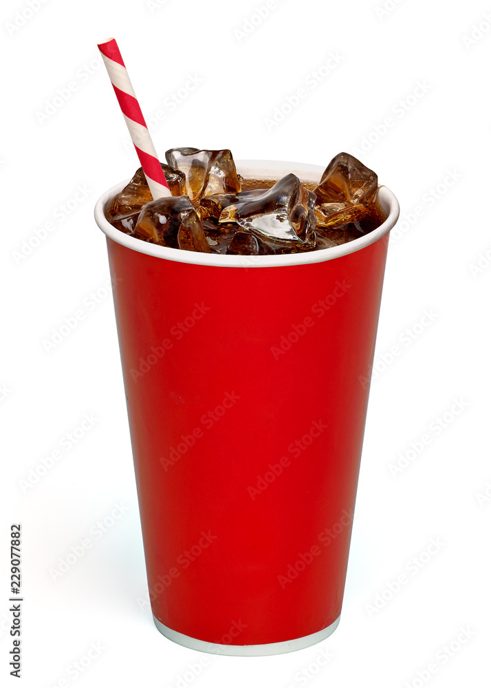Cola with ice and straw in blank red take away paper cup isolated on ...