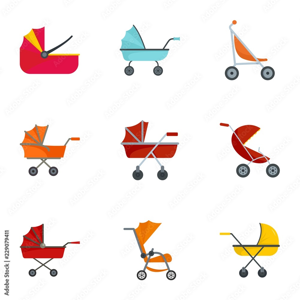 Pram stroller icon set. Flat set of 9 pram stroller vector icons for web design Stock Vector ...