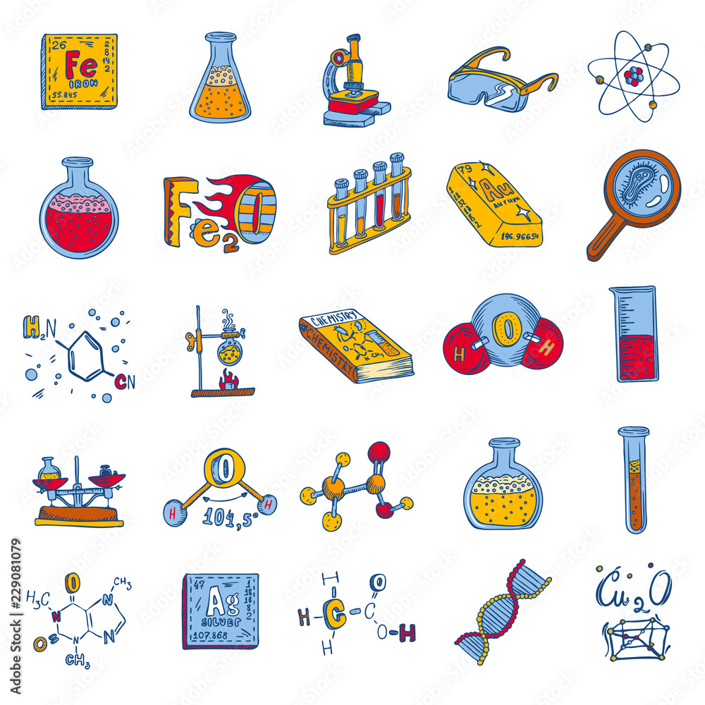 Chemistry lab icon set. Hand drawn set of chemistry lab vector icons ...