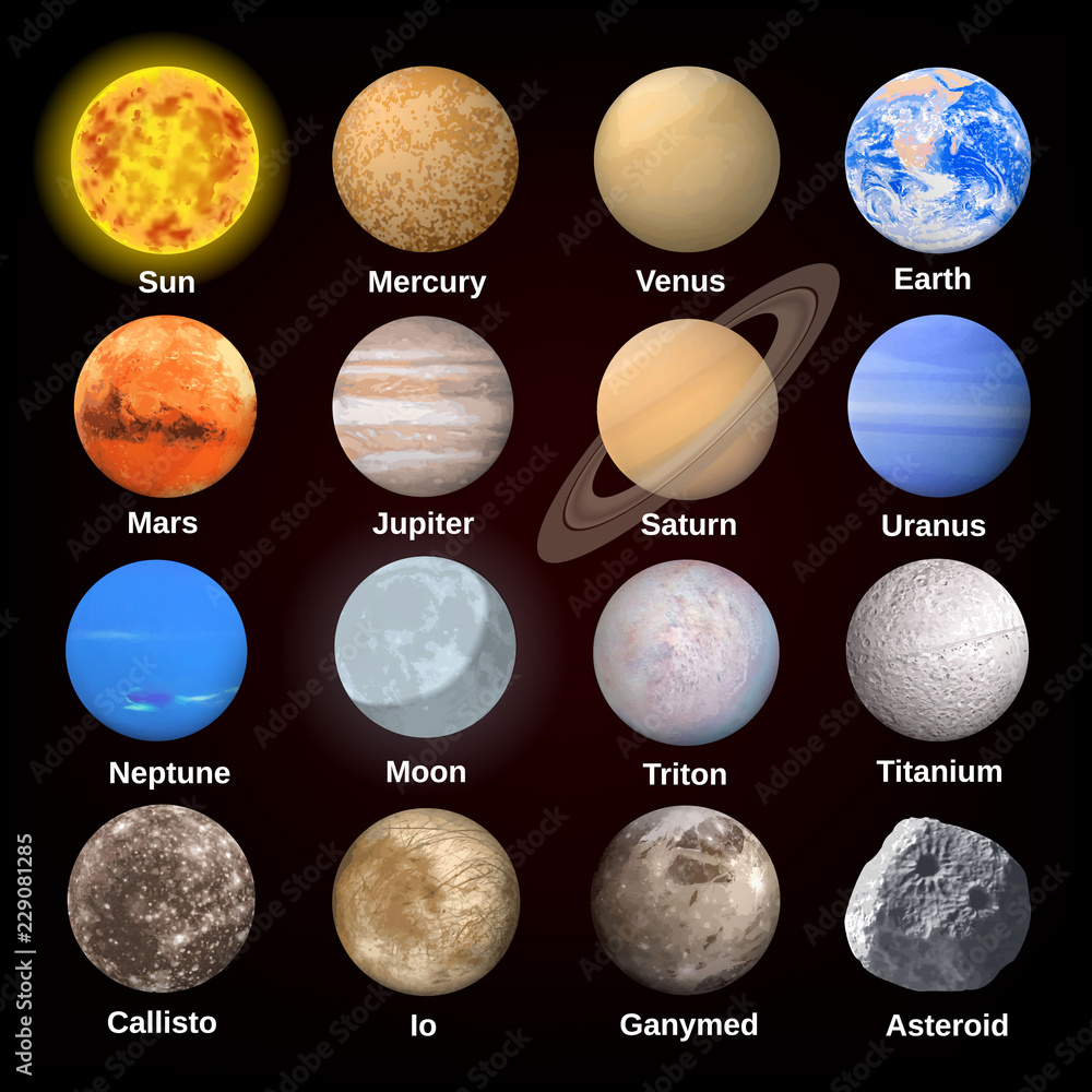 Planets icon set. Realistic set of planets vector icons for web design ...