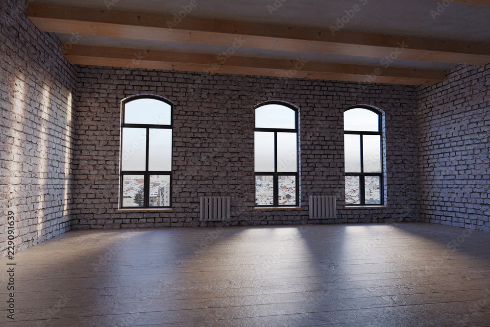 3d rendering of empty studio loft with white bricks Stock Illustration ...