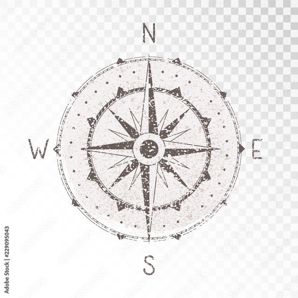 Vector illustration with a vintage textured compass or wind rose and ...