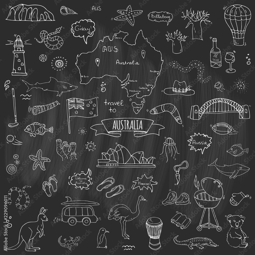 Hand drawn doodle Australia icons set Vector illustration isolated ...