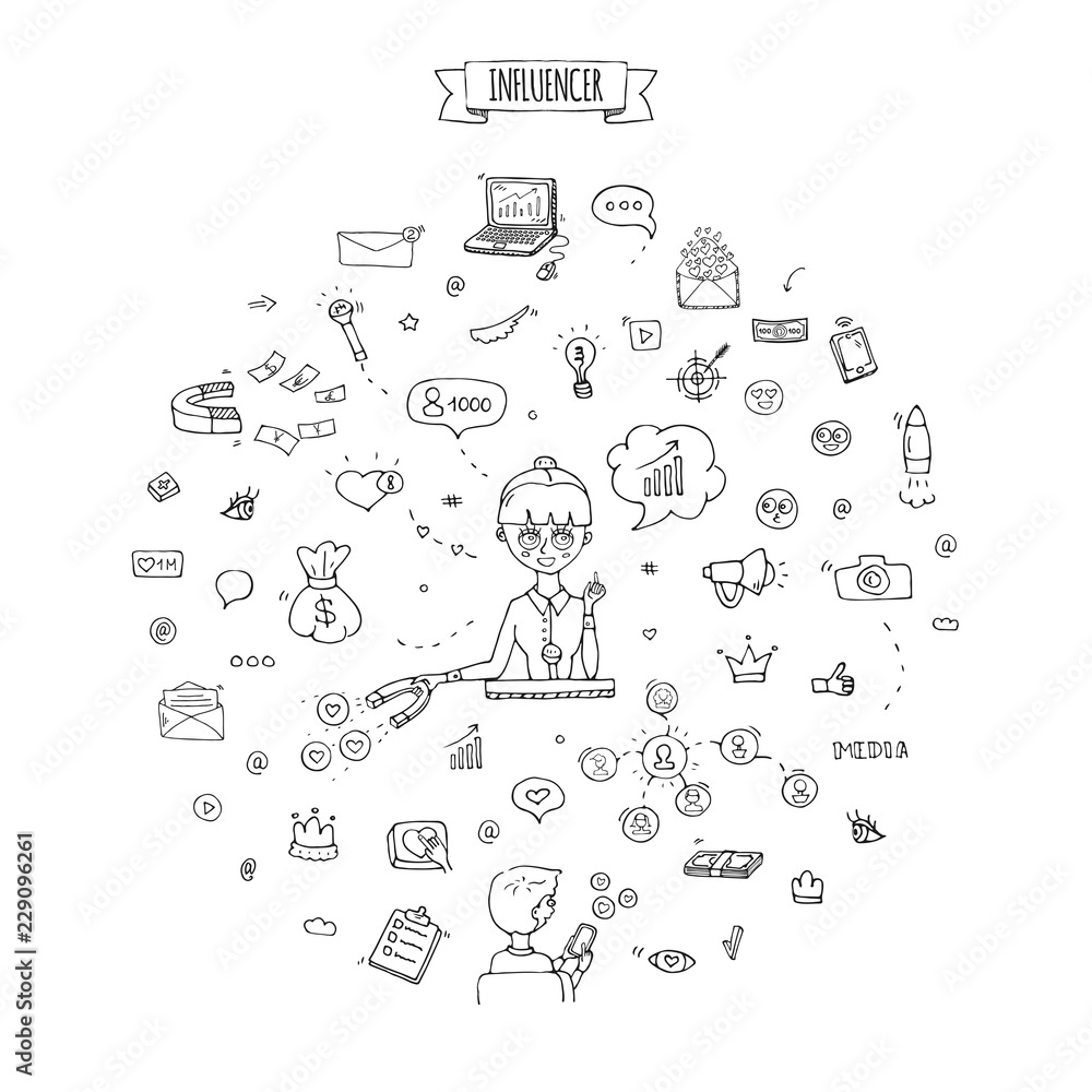 Hand drawn doodle set of Influencer icons. Vector illustration set ...
