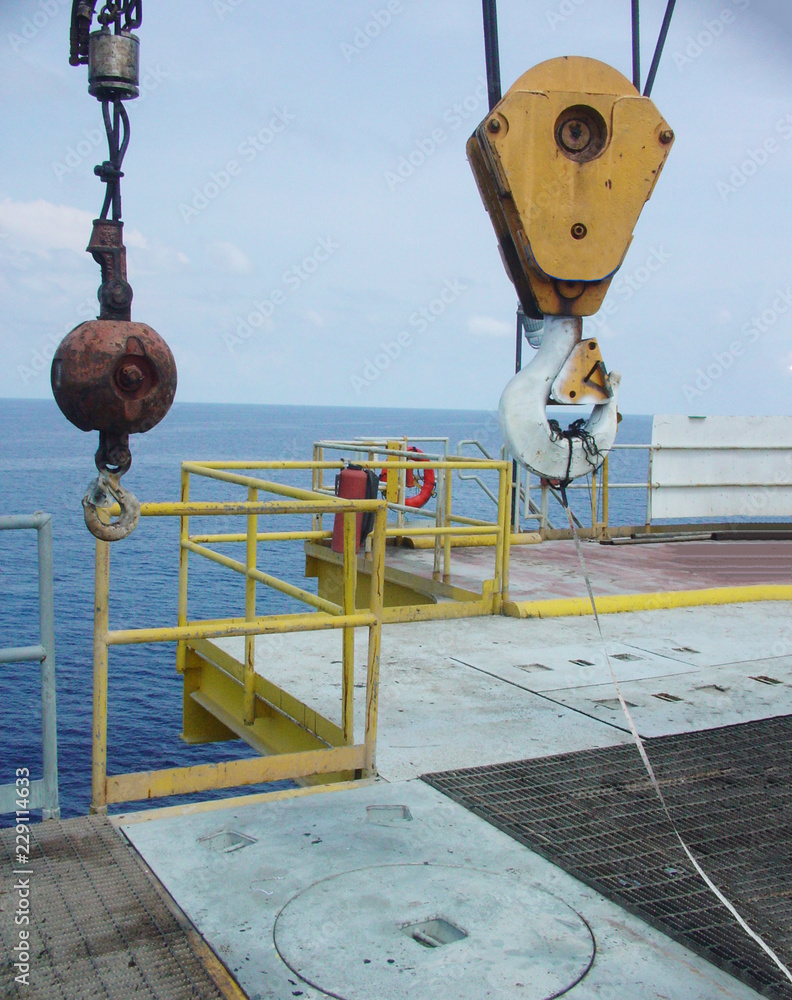 crane hoist, main and auxiliary hooks with safety latches and guiding ...