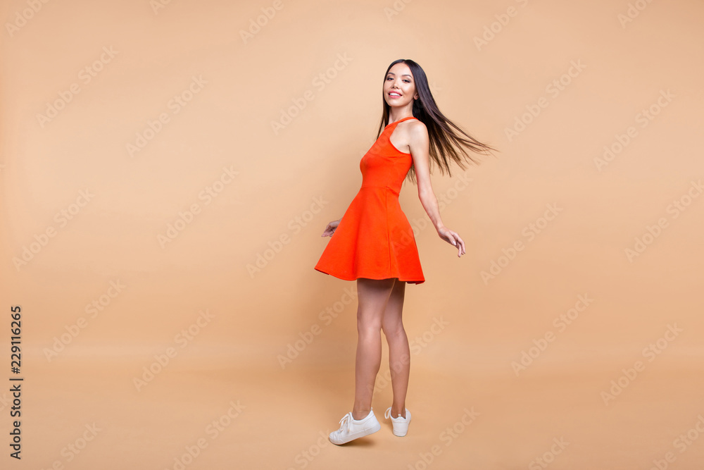 Full length body size studio photo portrait of lovely fit in sho Stock ...