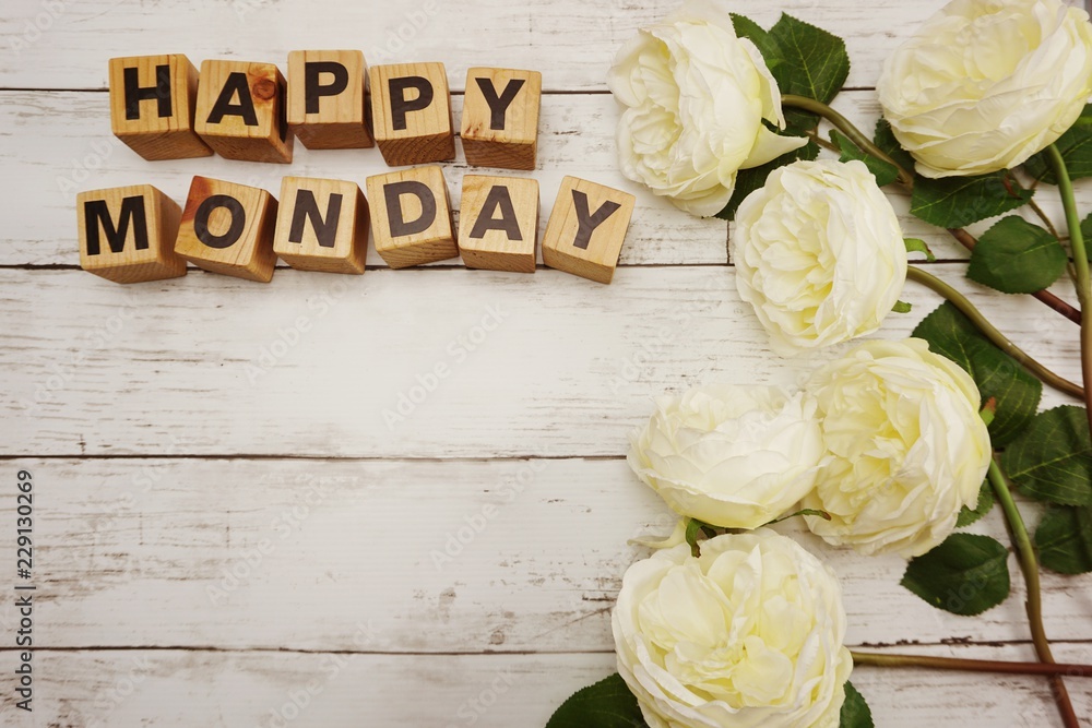 happy monday alphabet letters with peony flower on wooden background ...